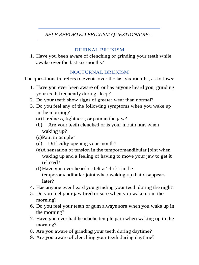 Bruxism Self-Report Questionnaire | PDF