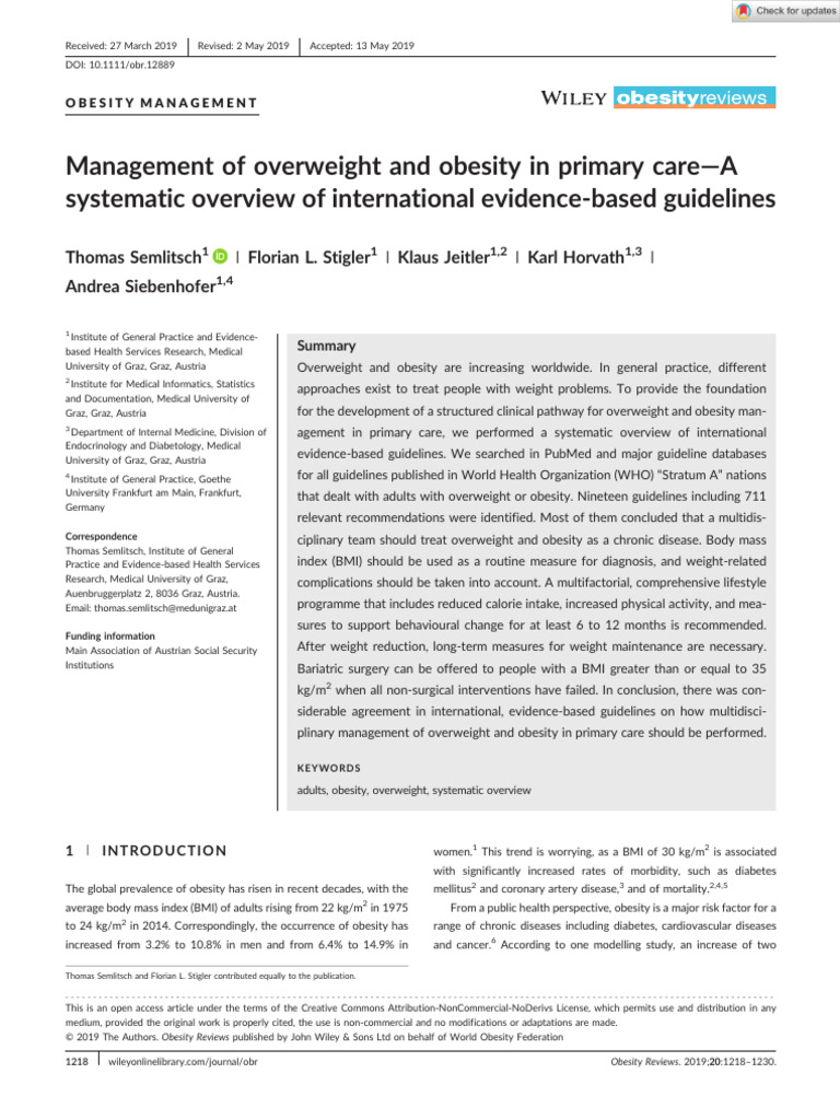 Obesity Reviews - 2019 - Semlitsch - Management of overweight and ...