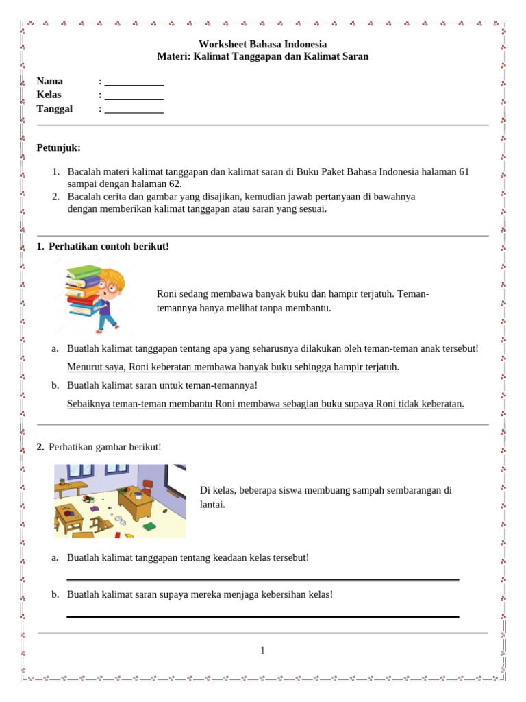 Worksheet Kalimat Tanggapan dan Saran | PDF