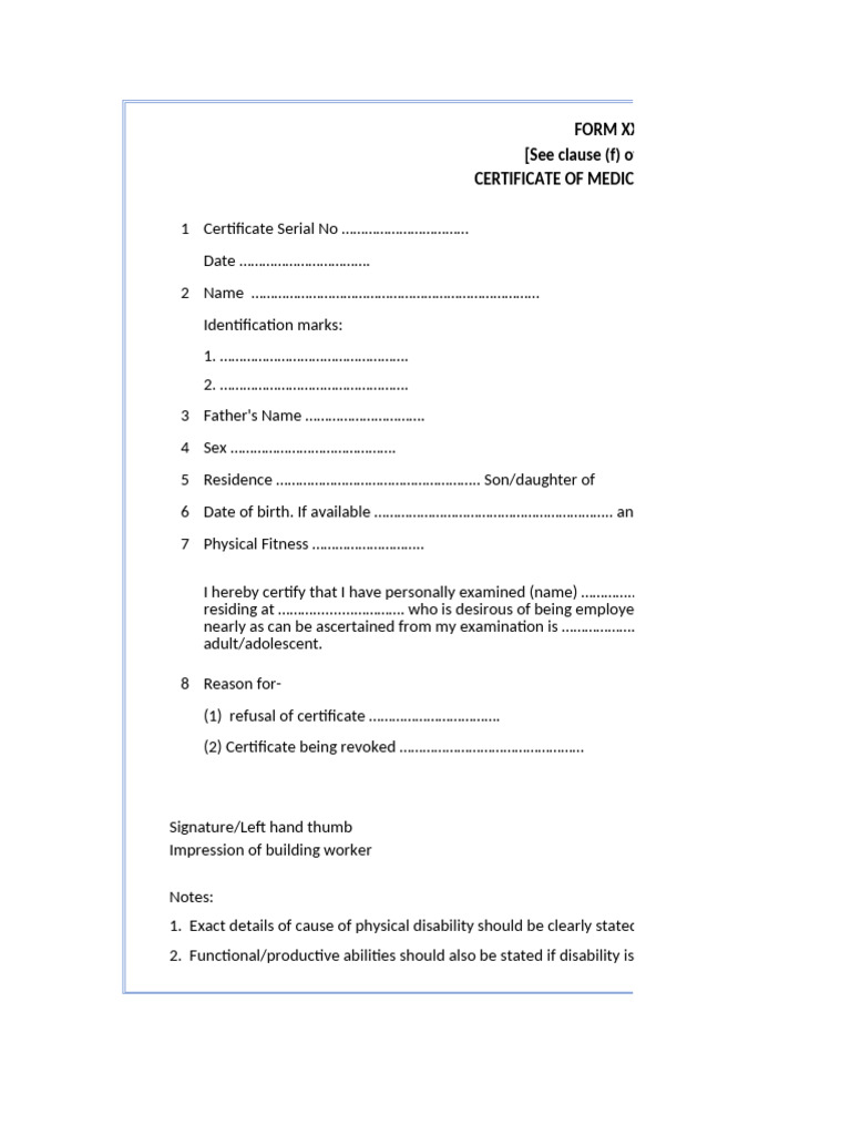 Medical Examination Certificate Form XXXII | PDF