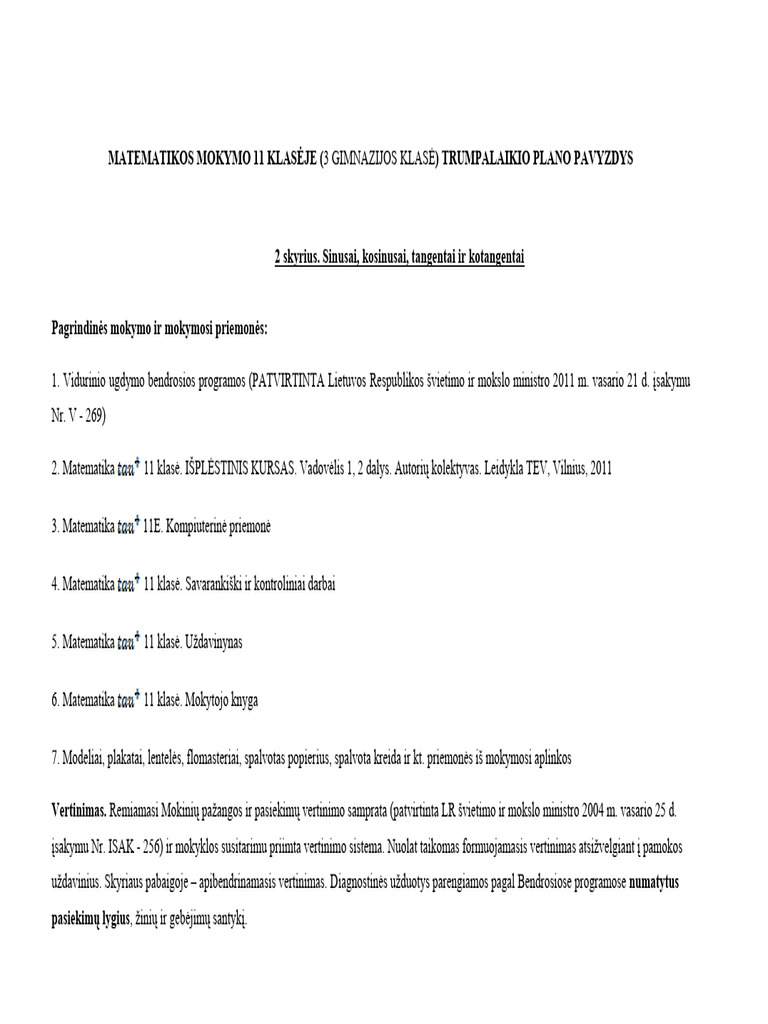 MAT11 Sinusai Kosinusai Tangentai | PDF