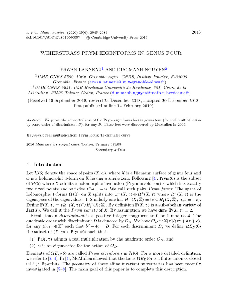 Weierstrass Prym Eigenforms in Genus Four | PDF | Theorem | Mathematical Analysis