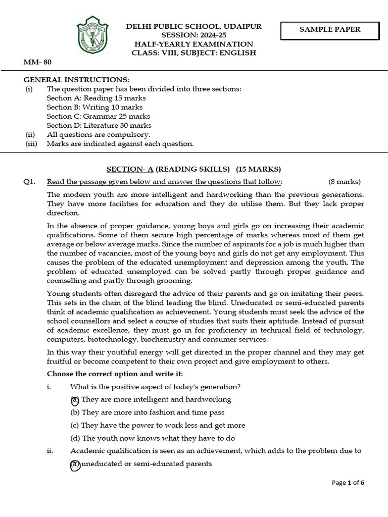 Class VIII English Exam Guide | PDF