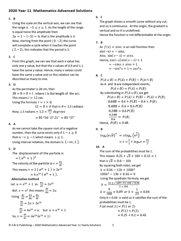 2020 Year 11 Mathematics Solutions | PDF | Curve | Mathematics