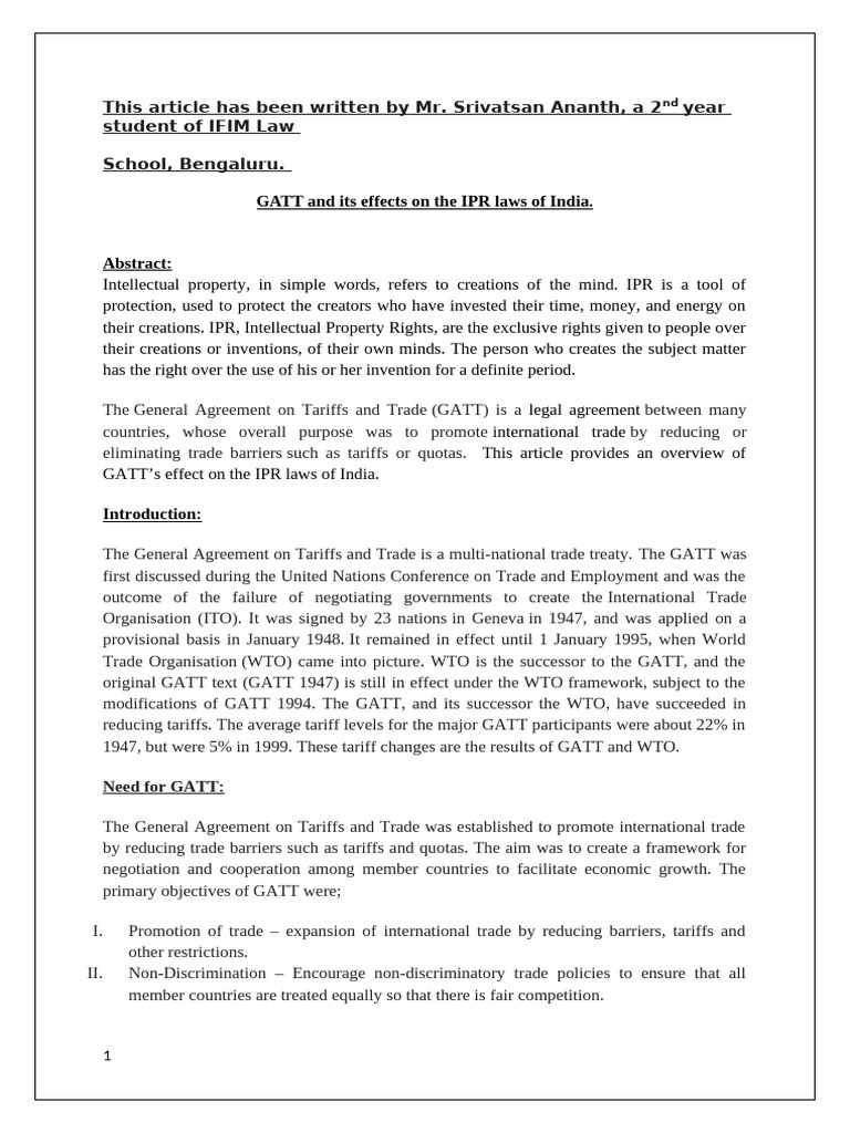 GATT and Effects On Indian IPR - Srivsatsan Ananth | PDF | General ...