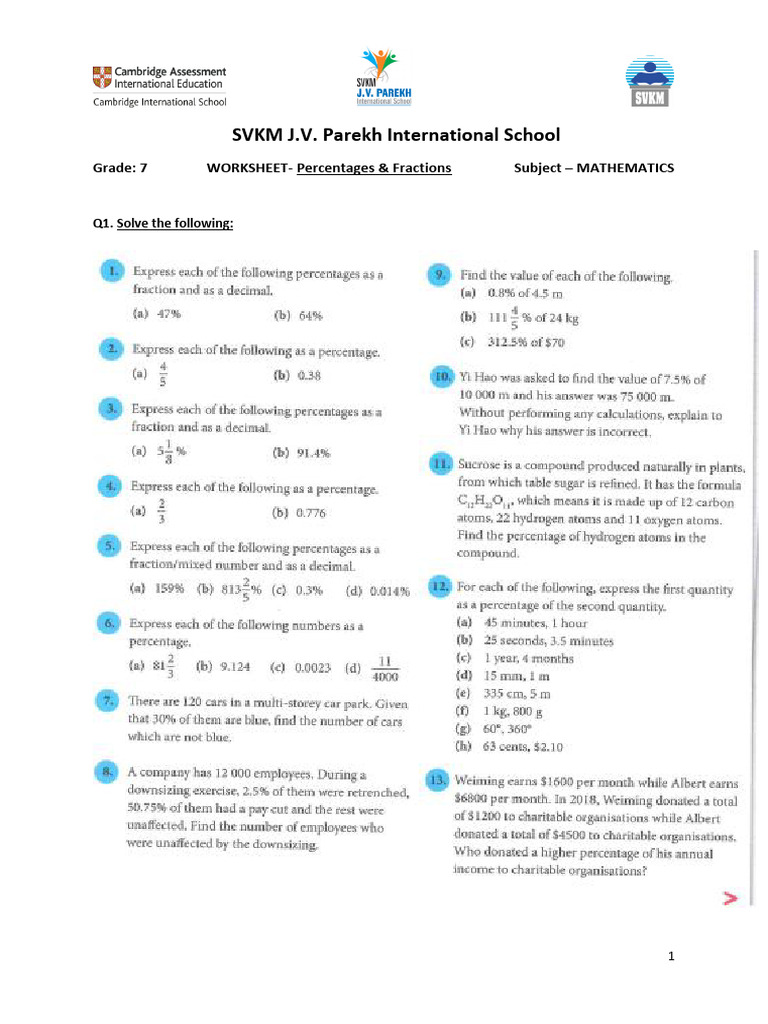Grade 7 - Fractions & Percentages | PDF