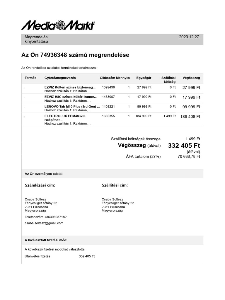 MediaMarkt Rendelés, Mosogatógép, Tablet, Kamrák, 2023.12. | PDF