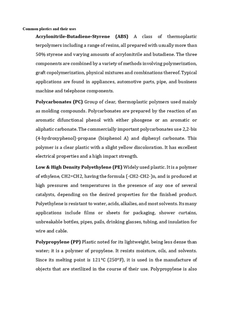 Common Plastics and Their Uses | PDF | Thermoplastic | Polystyrene