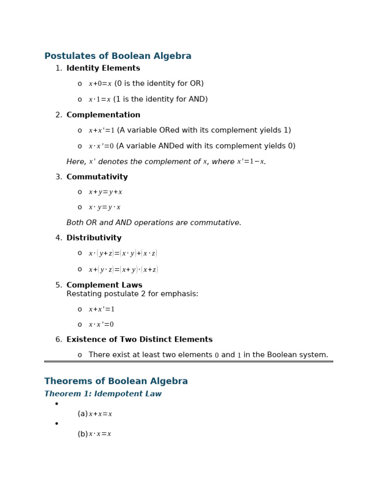 Postulates of Boolean Algebra and Theorem Proof | PDF | Boolean Algebra ...