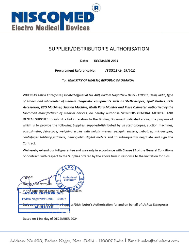 Ashok Enterprises Bid Authorization to Uganda | PDF