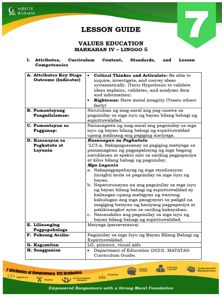 Lesson Guide: Values Education | PDF