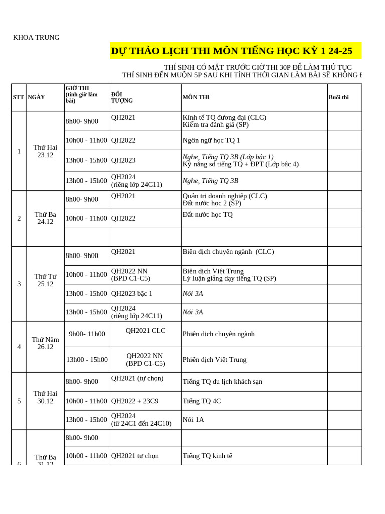 Gửi lần 2 Lịch thi môn tiếng HK1 24 25 | PDF