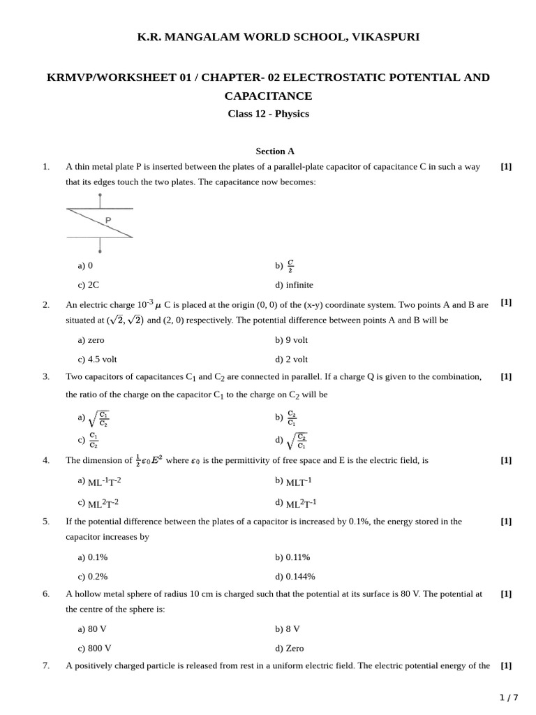 KRMVP Physics Assignment 01 CH-02 | PDF | Capacitor | Capacitance