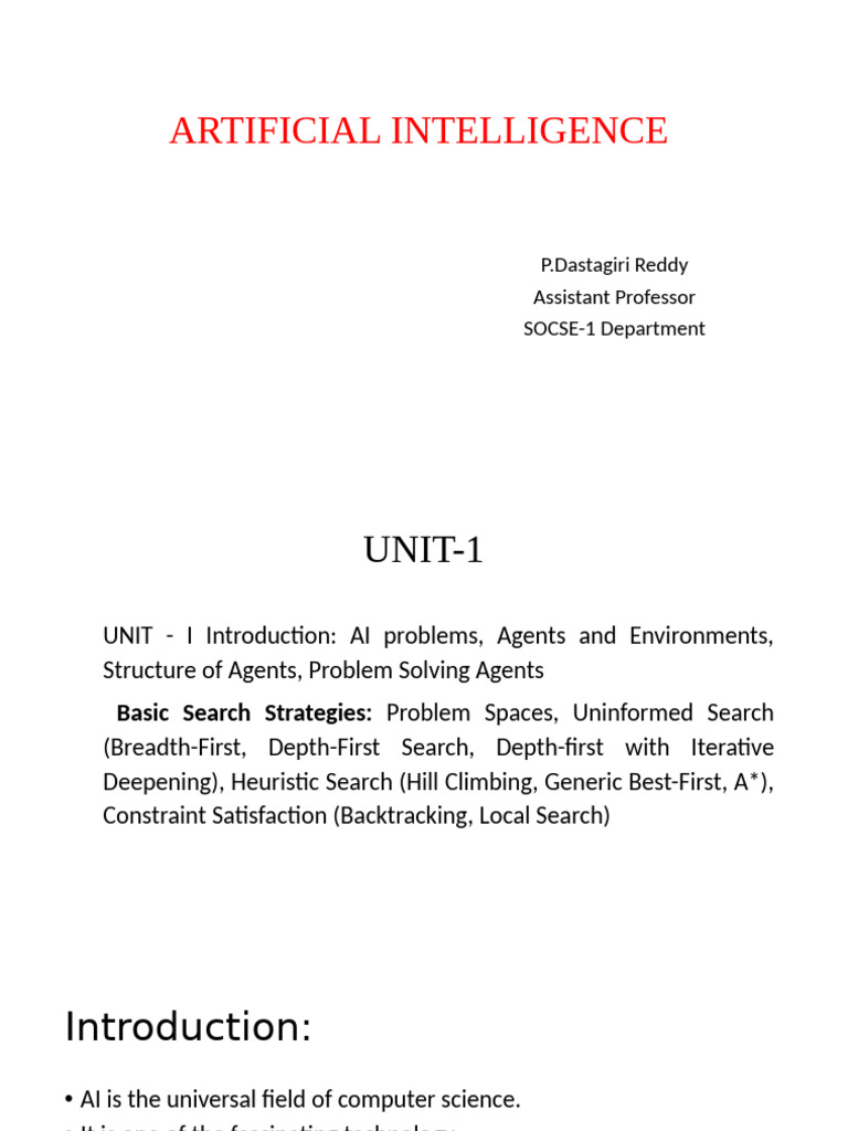 AI-UNIT-1 PPT | PDF | Artificial Intelligence | Intelligence (AI) & Semantics