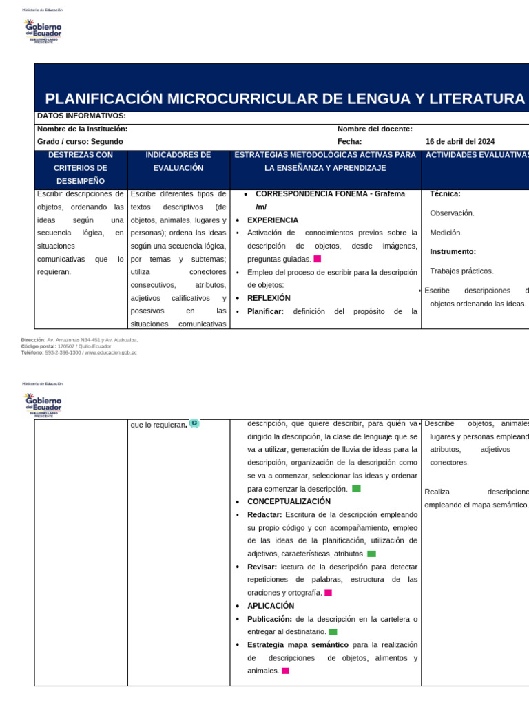 PLANIFICACIÓN MICROCURRICULAR DE LENGUA Y LITERATURA | PDF | Planificación | Comunicación humana