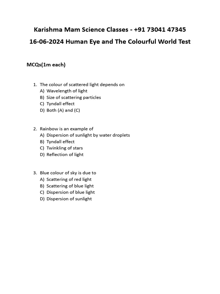 Human Eye and The Colourful World Test | PDF | Light | Rainbow