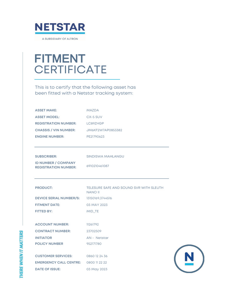 Mazda CX-5 SUV Netstar Tracking Certificate | PDF