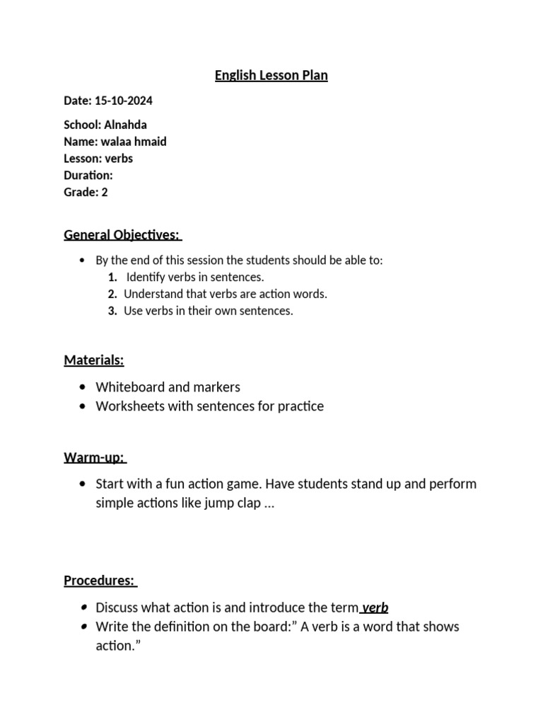 Grade 2 Verbs Lesson Plan | PDF
