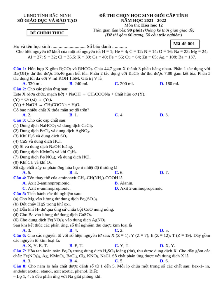 HSG 12 BẮC NINH 2021 - 2022 | PDF