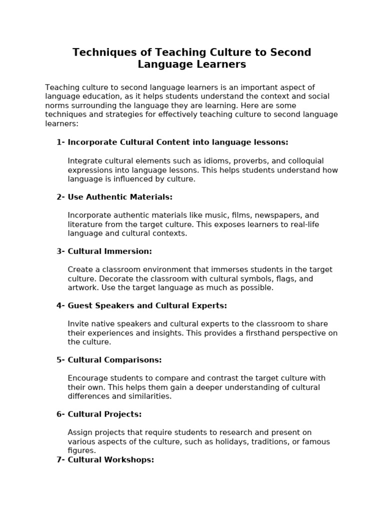 Techniques of Teaching Culture To Second Language Learners | PDF | Second Language | Learning