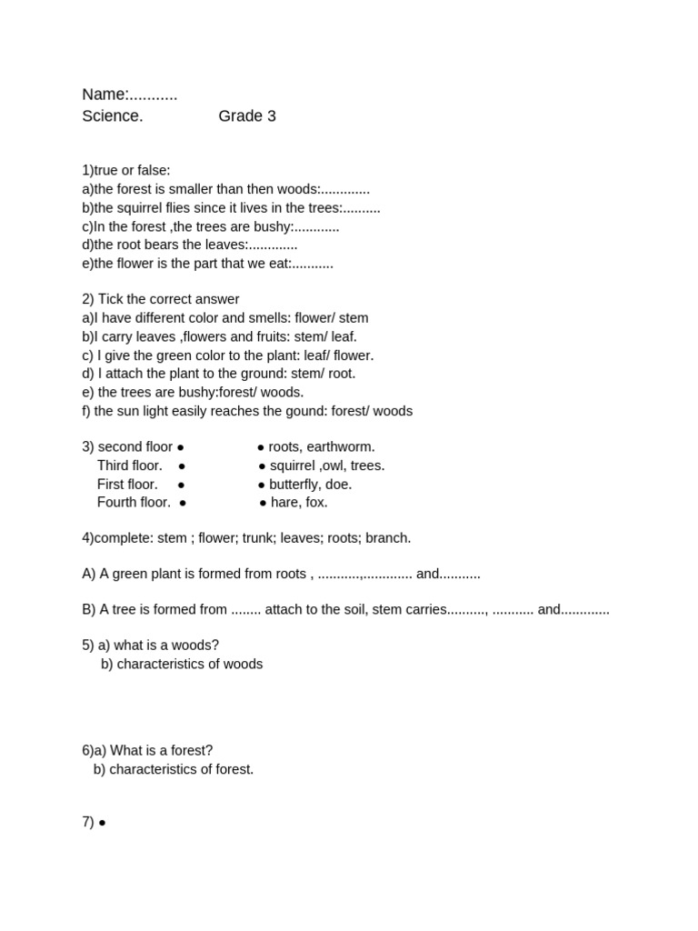 Grade 3 Science: Forests and Woods Quiz | PDF