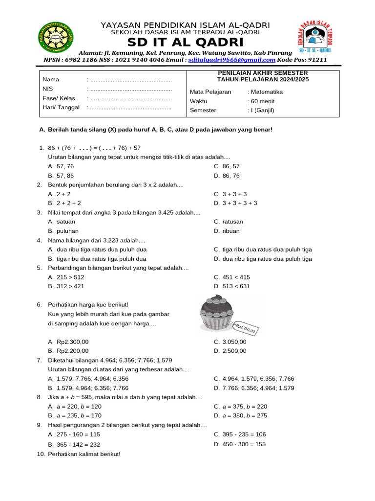Soal Pas - Matematika Kelas 4 - 2024 | PDF