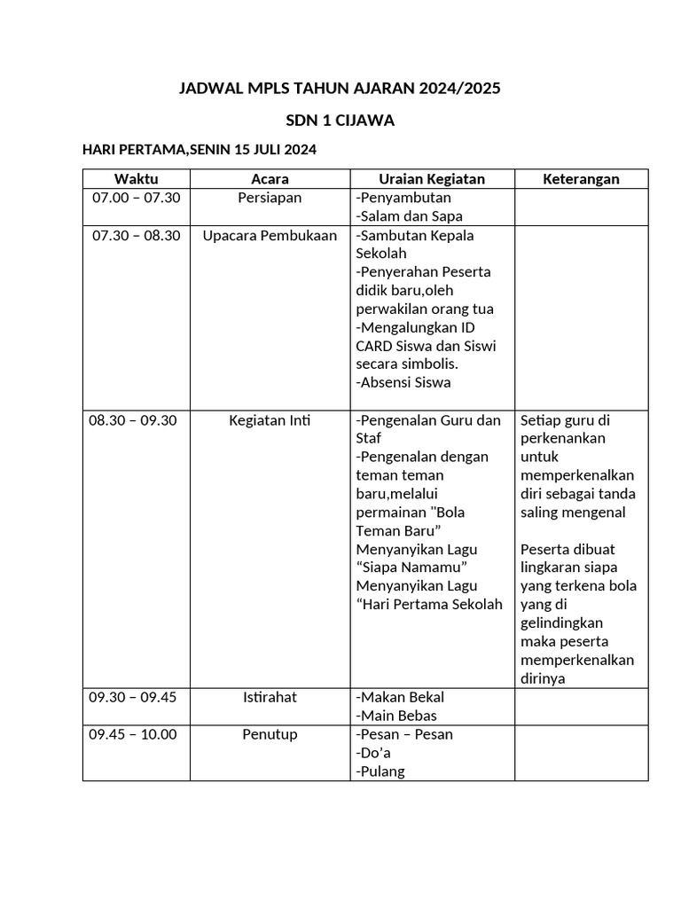 JADWAL MPLS TAHUN AJARAN 2024 | PDF