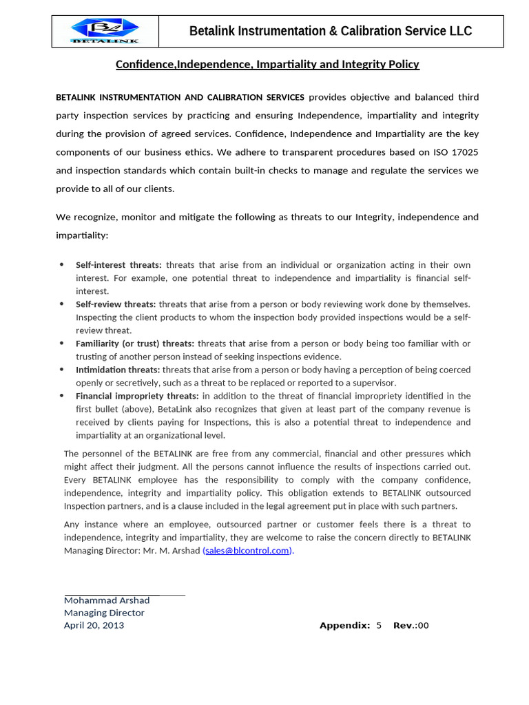 Independance, Integrity and Impartiality Statement | PDF | Policy | Business