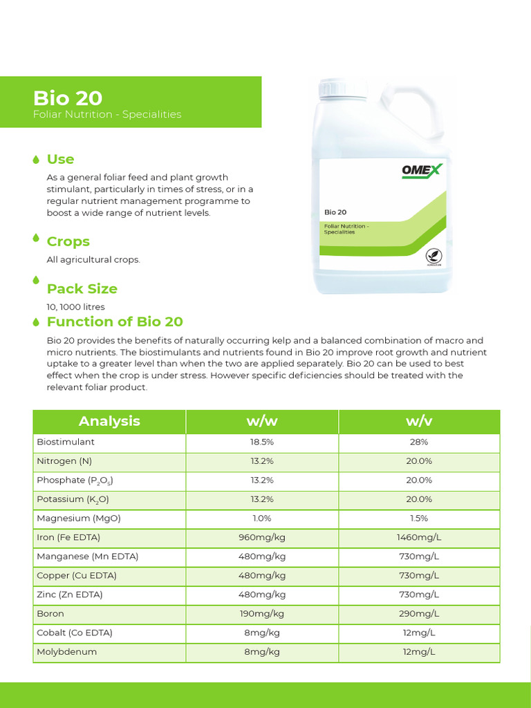 OMEX Agriculture Bio 20 Product Technical Sheet 2023 | PDF | Plant Nutrition | Nutrients