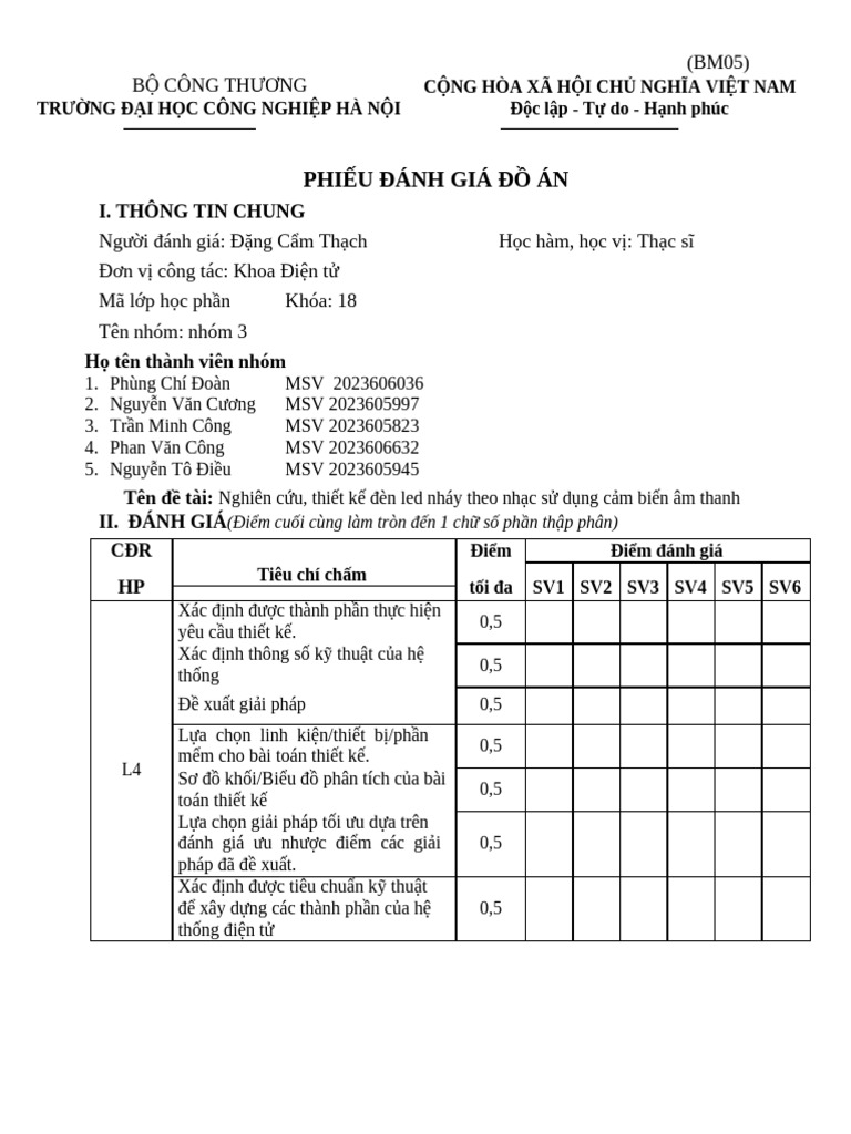BM05-Phieu Danh Gia HP Nhap Mon K18 - Cô TH CH | PDF