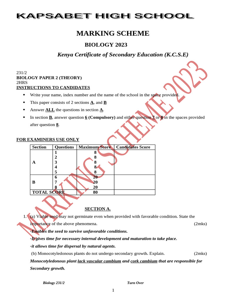 Biology PP2 Marking Scheme | PDF | Stoma | Leaf
