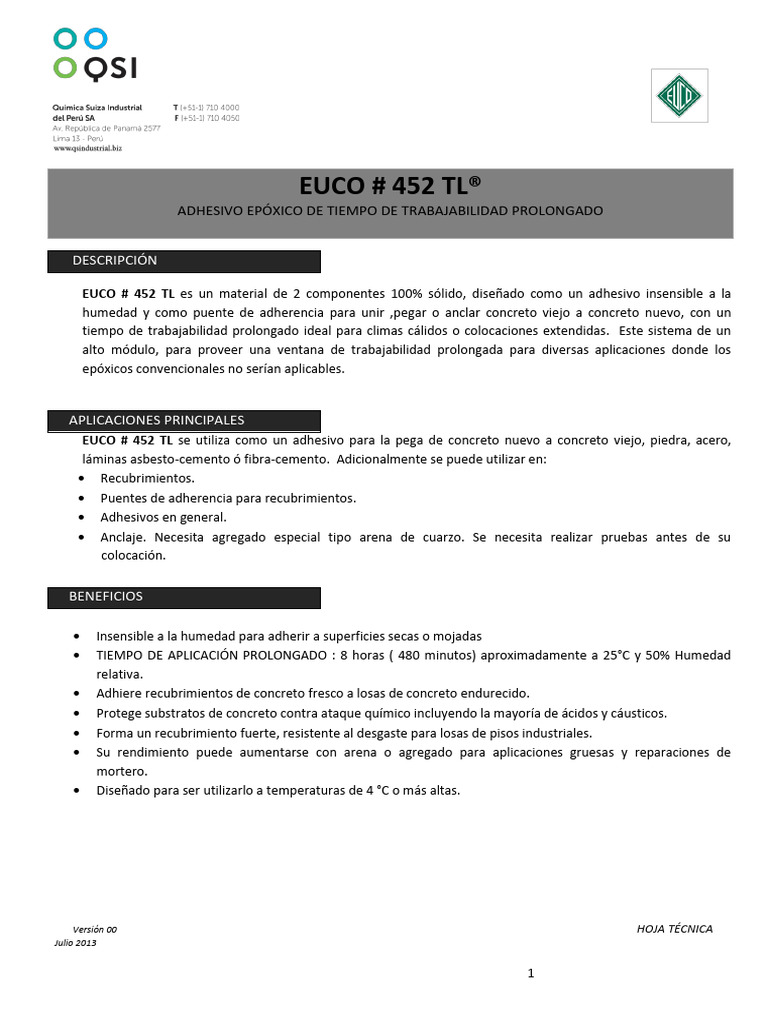 Euco 452 TL | PDF | Hormigón | Adhesivo