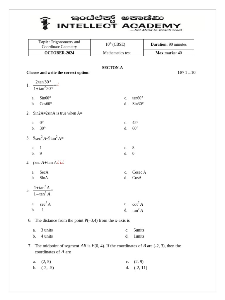 Trigonometry and Coordinate Geometry-test Paper | PDF | Triangle ...