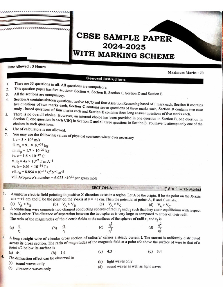 Cbse Sample Paper Physics 2024-25 | PDF