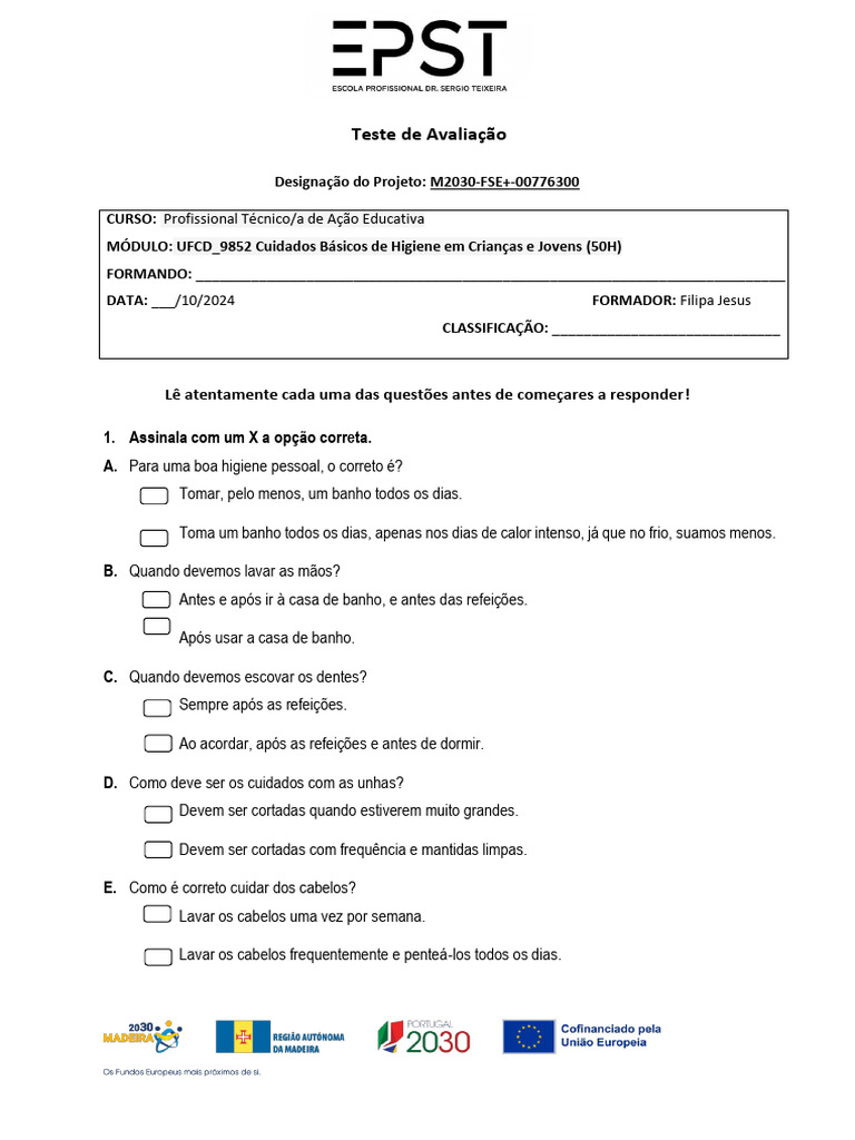 AVALIACÃO FORMATIVA DOS FORMANDOS - EPST - UFCD 9852 - 2.º Ano | PDF ...
