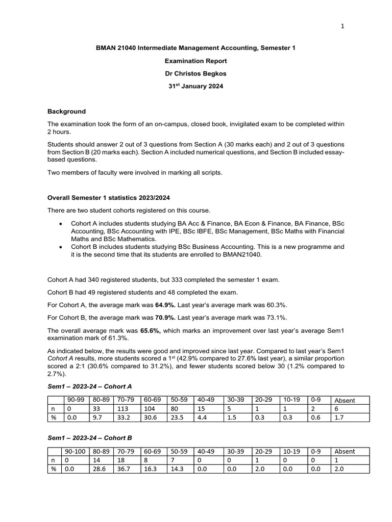 BMAN 21040 Exam Report: Semester 1 2023-24 | PDF | Quantitative ...