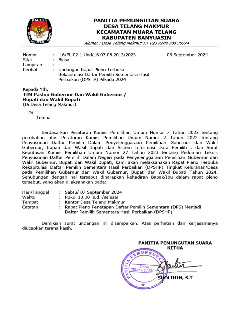 UNDANGAN PLENO DPSHP Paslon | PDF