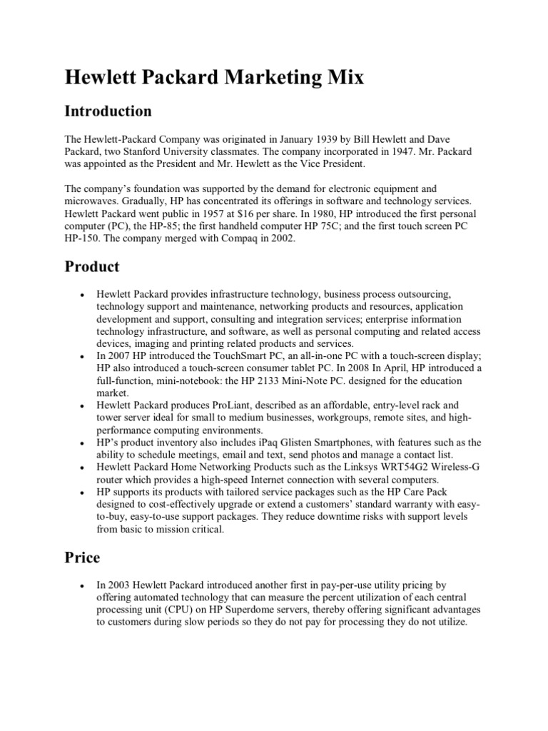 Hewlett Packard Marketing Mix | PDF | Hewlett Packard | Personal Computers