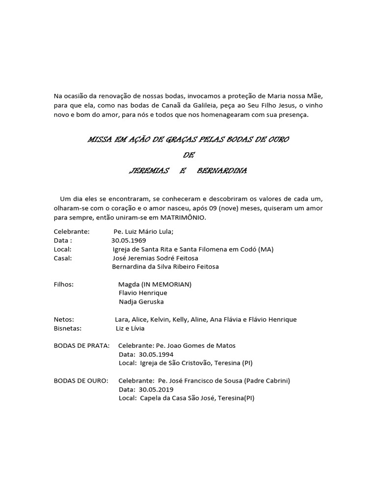 Livro Da Missa Bodas de Ouro Jereba e Betinha | PDF | Oração | Amor