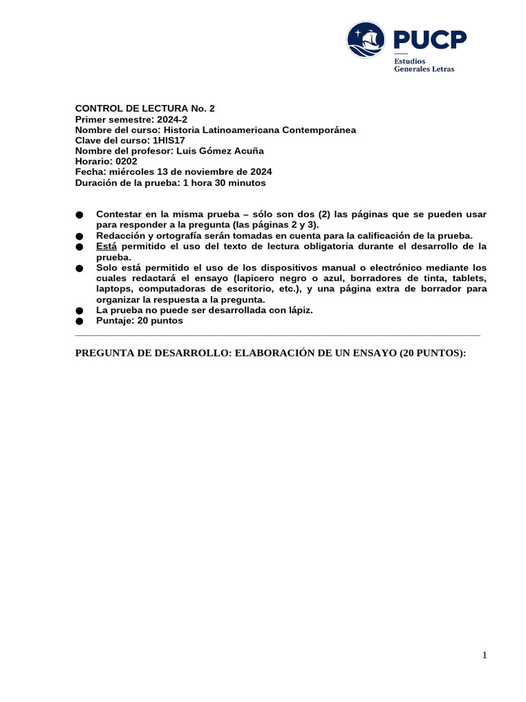 CONTROL DE LECTURA NO. 2 - AULA 0202 - Formato de Pruebas de Evaluación ...