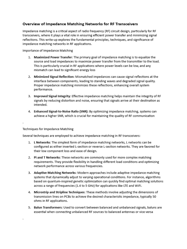 Overview of Impedance Matching Networks For RF Transceivers | PDF | Electrical Impedance | Radio ...