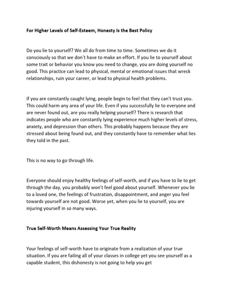 For Higher Levels of Self Esteem Honesty Is The Best Policy | PDF ...