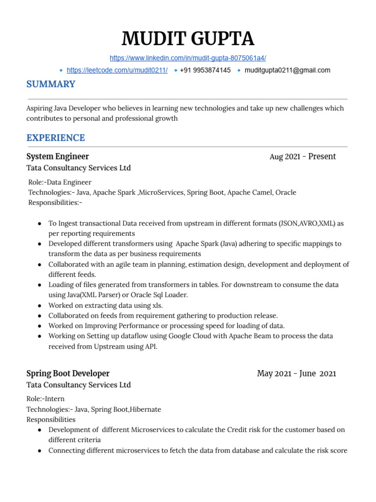 Mudit JavaDeveloper 3yrs Resume | PDF | Apache Spark | Information Technology