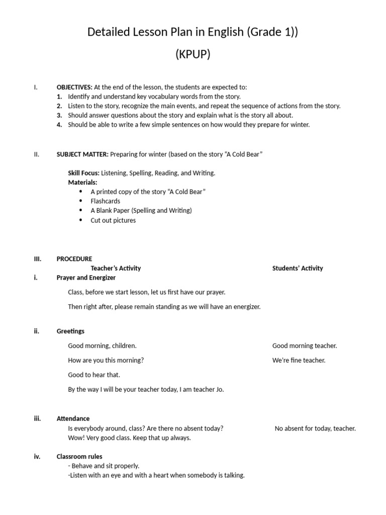 Grade 1 English Lesson: Winter Prep | PDF | Lesson Plan | Behavior ...