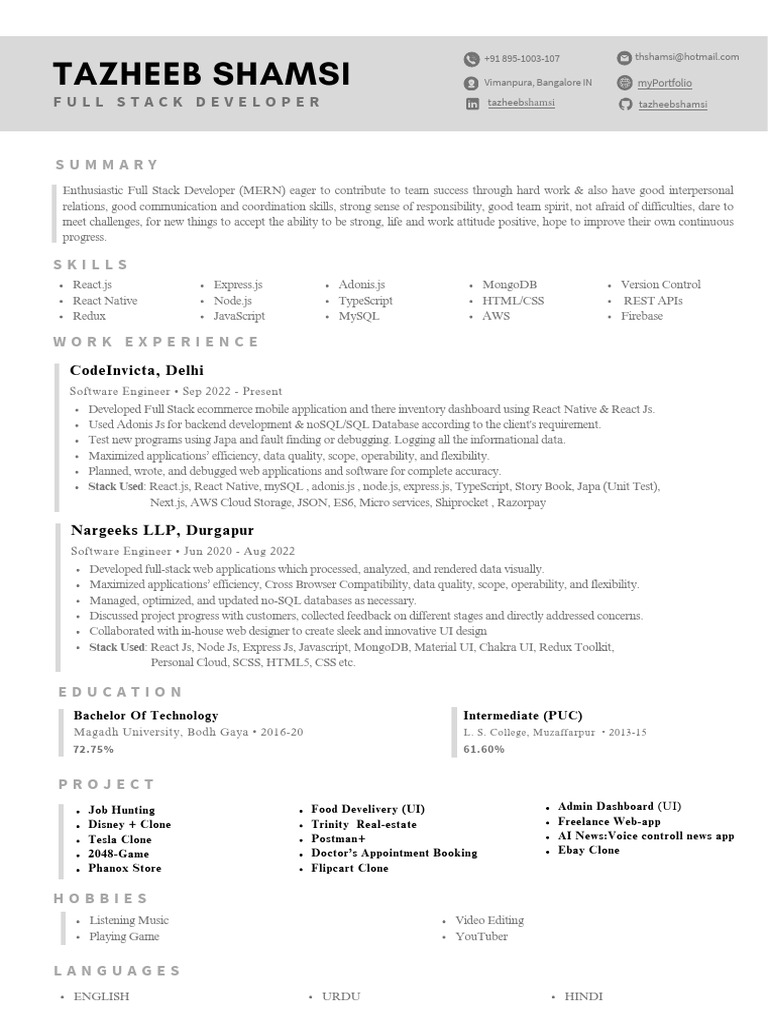 Full Stack Developer Portfolio | PDF | Java Script | My Sql