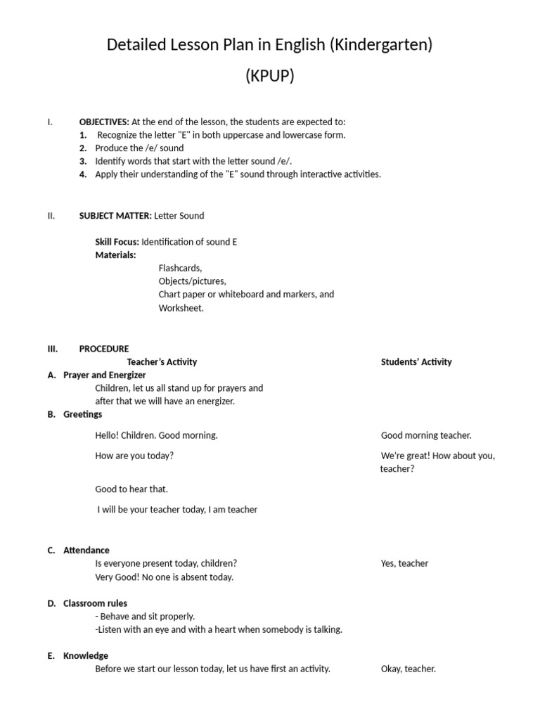 Letter E Lesson Plan for Preschool | PDF | Behavior Modification | Learning
