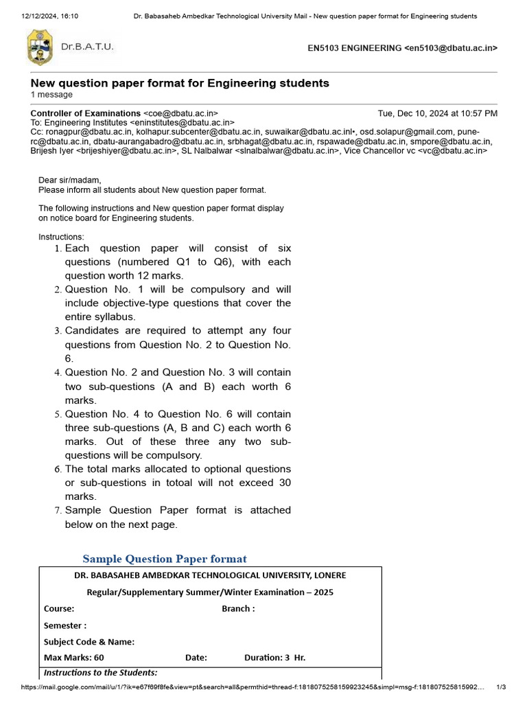 DBATU New Engineering Exam Format | PDF