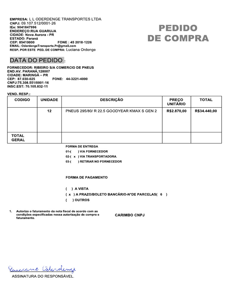 MODELO ORDEM DE COMPRAS MANUAL | PDF
