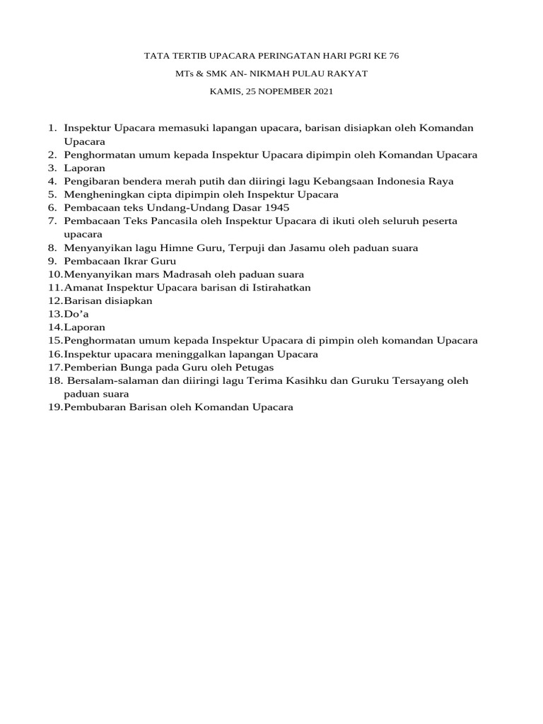 TATA TERTIB UPACARA PERINGATAN HARI PGRI KE 77 | PDF