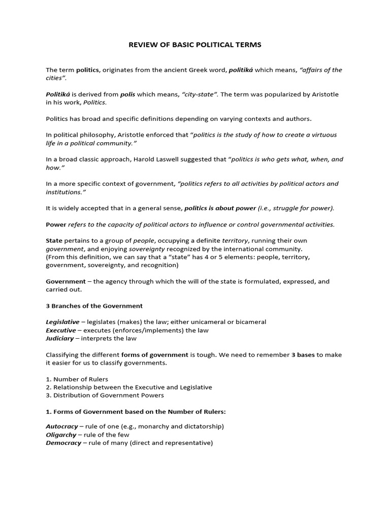 Review of Basic Political Terms | PDF | Constitution | Government